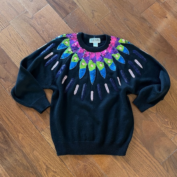 Sweaters | Vintage 8s Black Rainbow Sequin Western Feather Sweater ...